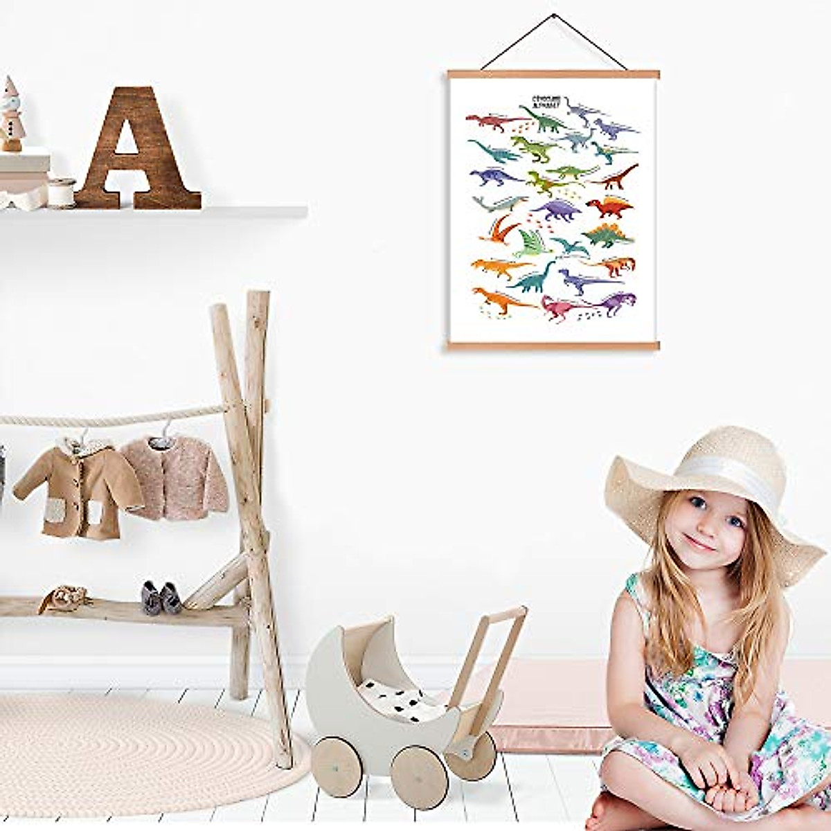 CHDITB Dinosaur Art Print Magnetic Natural Wood Hanger Frame Poster,Canvas Animal Dinosaur Alphabet Painting 28X45cm Wall Hanging Art Print for Kids Room Classroom Nursery Decor