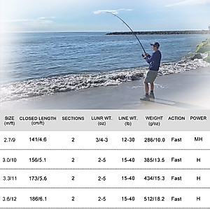 Sougayilang Surf Spinning Fishing Rod Carbon Travel Surf Rod 2 Piece Spinning Fishing Rod for Beach Saltwater Surf Rod 12ft(9'/10'/11'/12'