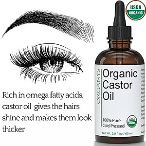 Organys Organic Castor Oil 2oz, For Longer Fuller Thicker Looking Hair Eyelashes & Eyebrows Enhances The Appearance Of Natural Lash & Brow Growth. Serum Comes With Eyeliner & Mascara Brushes