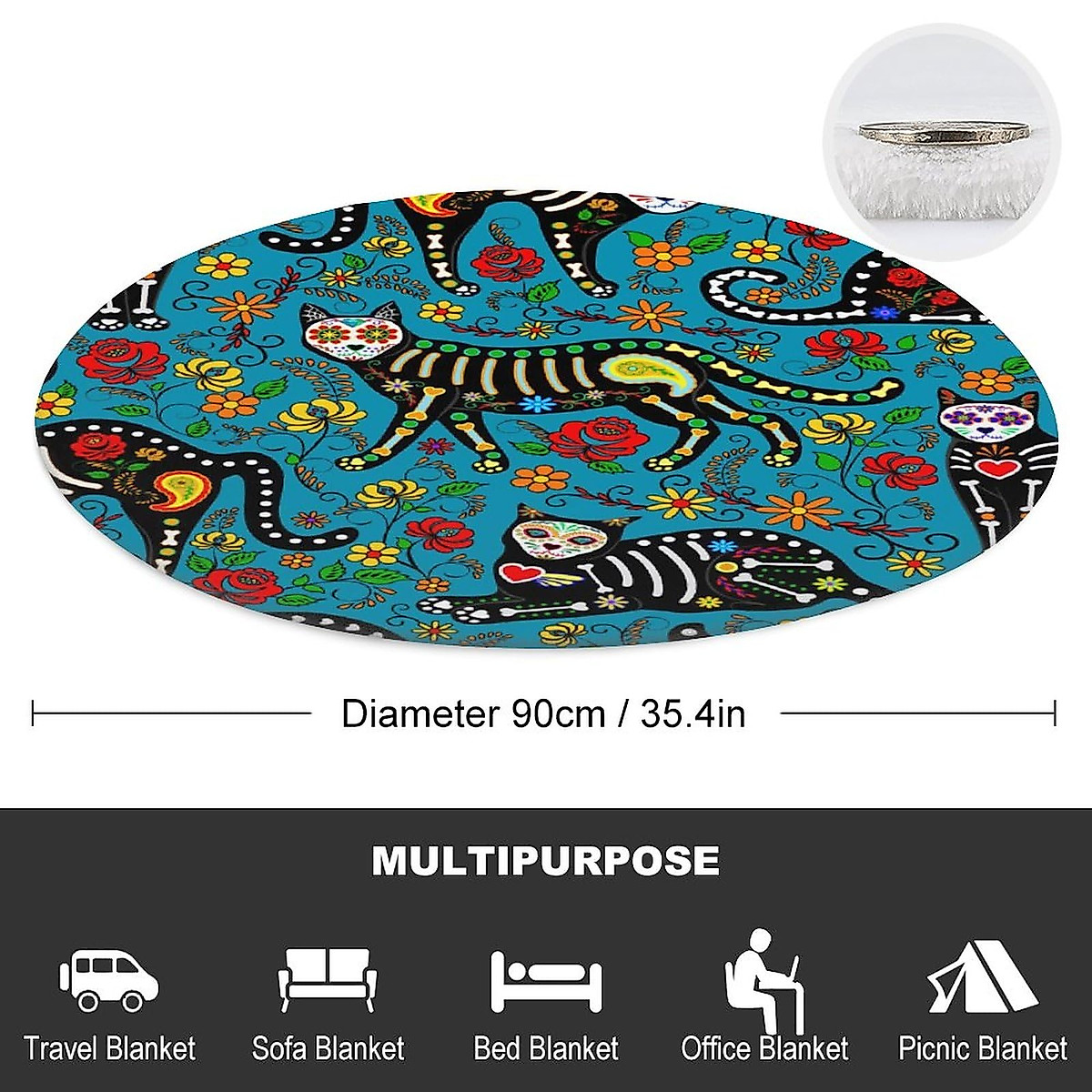 LAKIMCT Sugar Skull Cat Round Soft Baby Blankets for Boys Girls, Newborn Blanket for Suitable for Swaddling Sleep Stroller Cover Nursery Blanket, 35 Inch