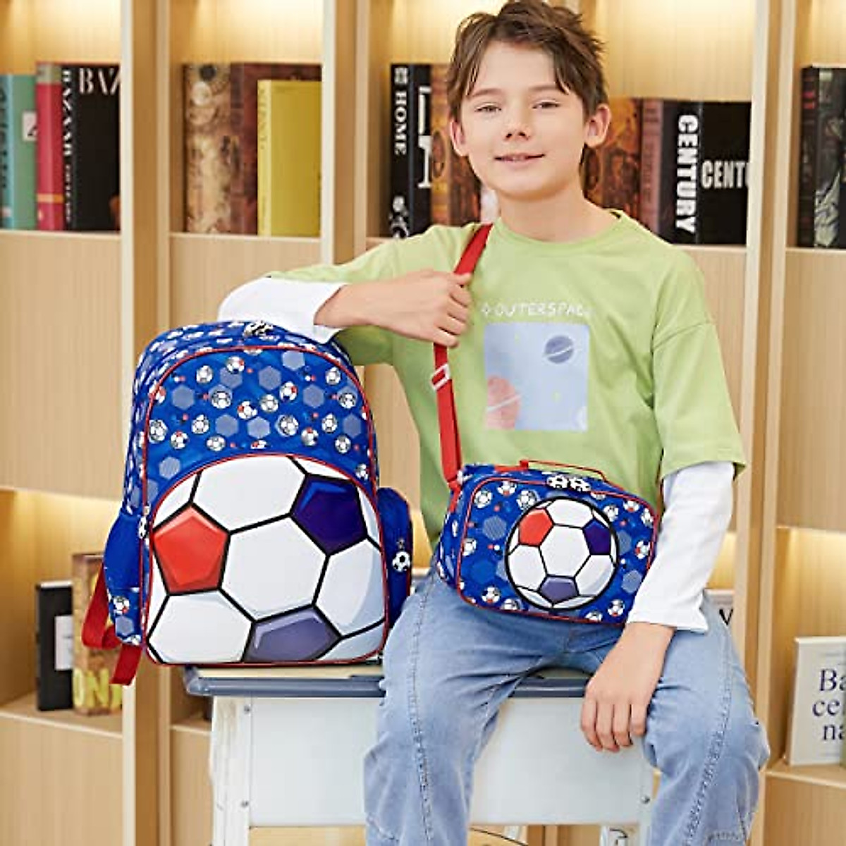 YOJOY Kids Backpack for Boys with Lunch Box Set Elementary School Bags 16 inch Primary Bookbags Football Dinosaur Backpacks (Blue Football Set)