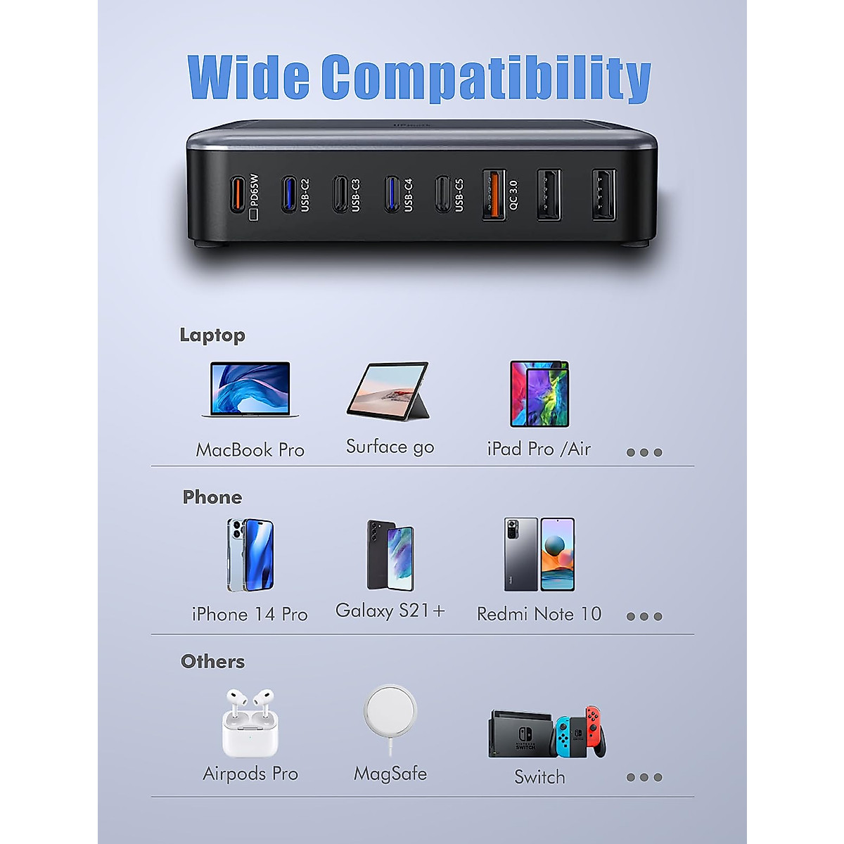 240W USB C Charger, 8 Port Fast USB C Charging Station, 65W Type C Laptop Fast Charger, Compatible with MacBook Pro/Air iPad Pro/Air iPhone 14 13 12/Pro Max Galaxy Note S22 Pixel