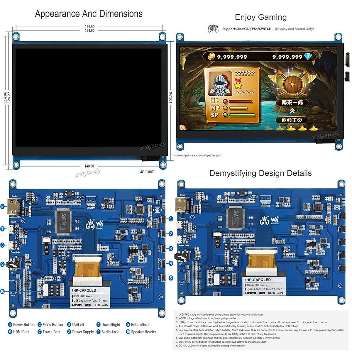 XYGStudy for Raspberry Pi Jetson Nano 7inch QLED Quantum Dot Display Capacitive Touch Screen 1024×600 LCD, G+G Toughened Glass Panel Supports Various Devices & Systems