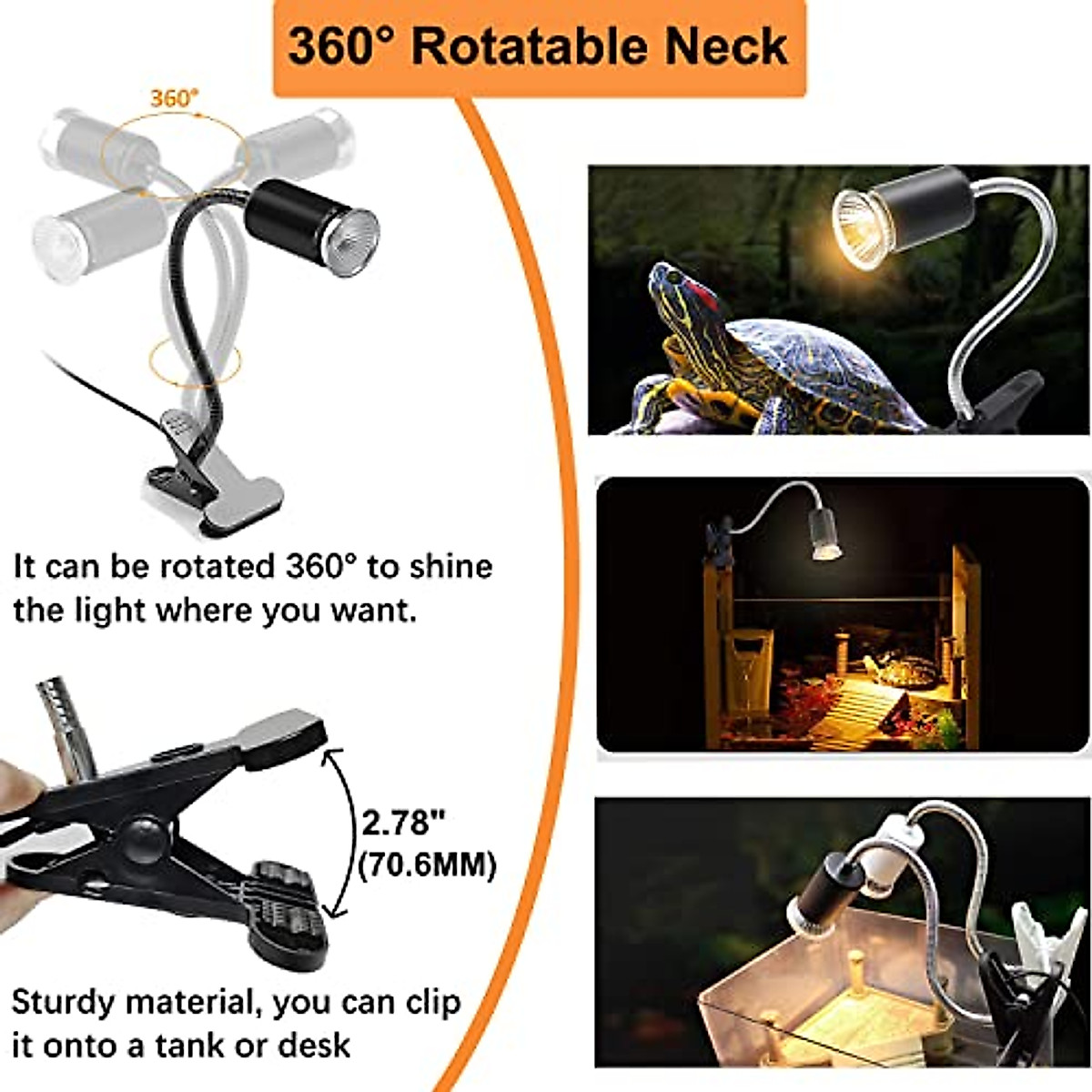 Rnyloas Reptile Heat Lamp 360° Rotatable, Reptile Basking Lamp with Dimmable Switch, 2 Pack Full Spectrum 25W & 50W UVA UVB Bulb for Aquarium, Reptiles,Lizard, Turtle, Snake