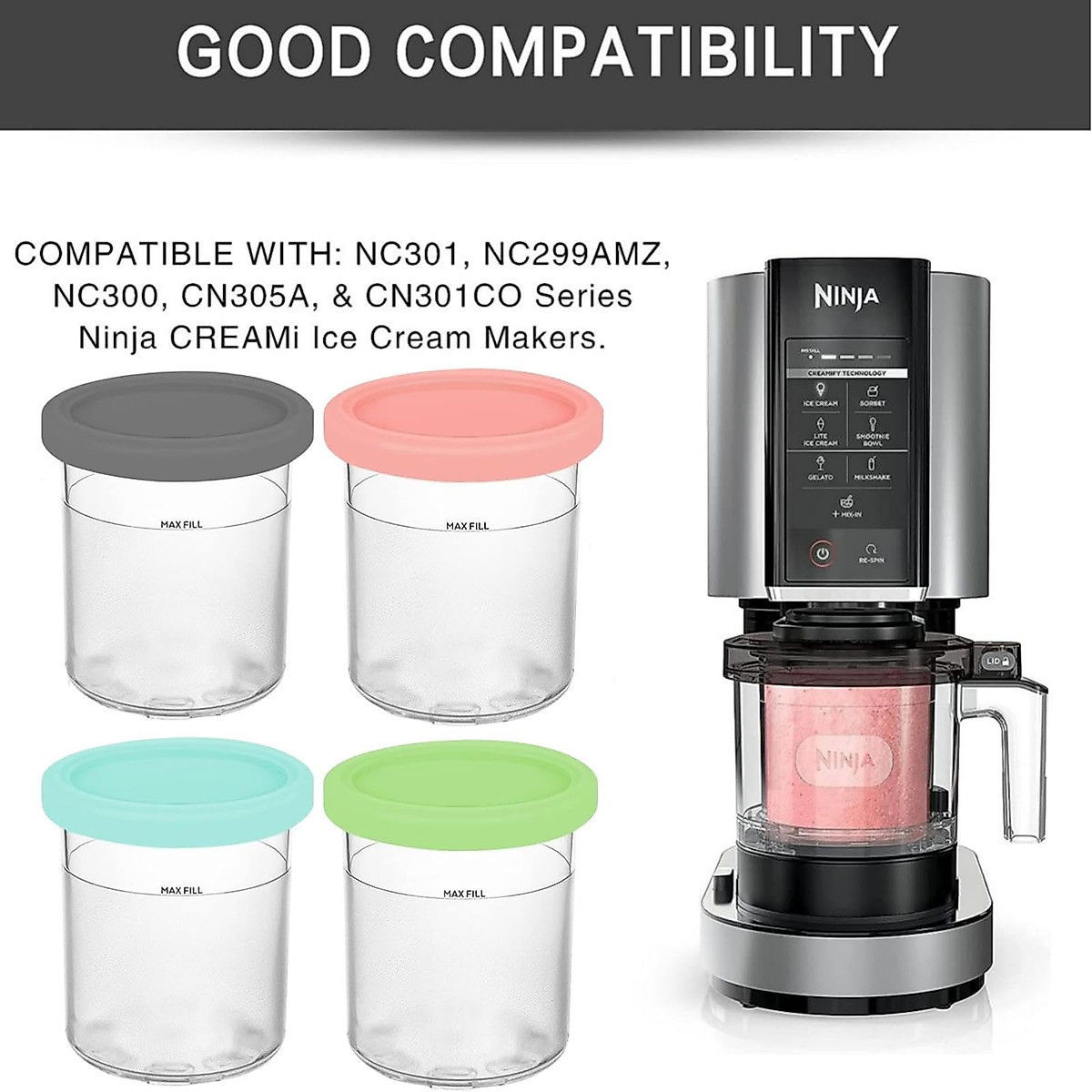 AMPtaan Creami Pints and Lids Compatible with NC301 NC300 NC299AMZ Series Ice Cream Maker - Dishwasher Safe