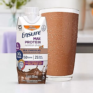 Ensure Max High Protein Nutrition Shake Milk with 30g of Protein 1g of Sugar , Chocolate w/ Caffeine, 11 Fl Oz (Pack of 12)