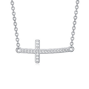 Sterling Silver Diamond Cross Pendant Necklace (1.1cttw), Sideways Cross Choker Necklace for women, 16 inches to 18 inches