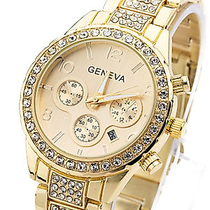 Unisex Diamond Watches Luxury Men and Women Calendar Quartz Clock Rose Gold Silver Stainless Steel Watch (Gold)