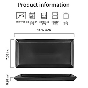 KOOV Ceramic Serving Tray, 14 Inches Large Serving Platter, Rectangular Serving Tray, Porcelain Serving Plates, Ceramic Serving Dishes for Dinner, Party, Sushi, Dessert, Food, Set of 4 (Matte Black)