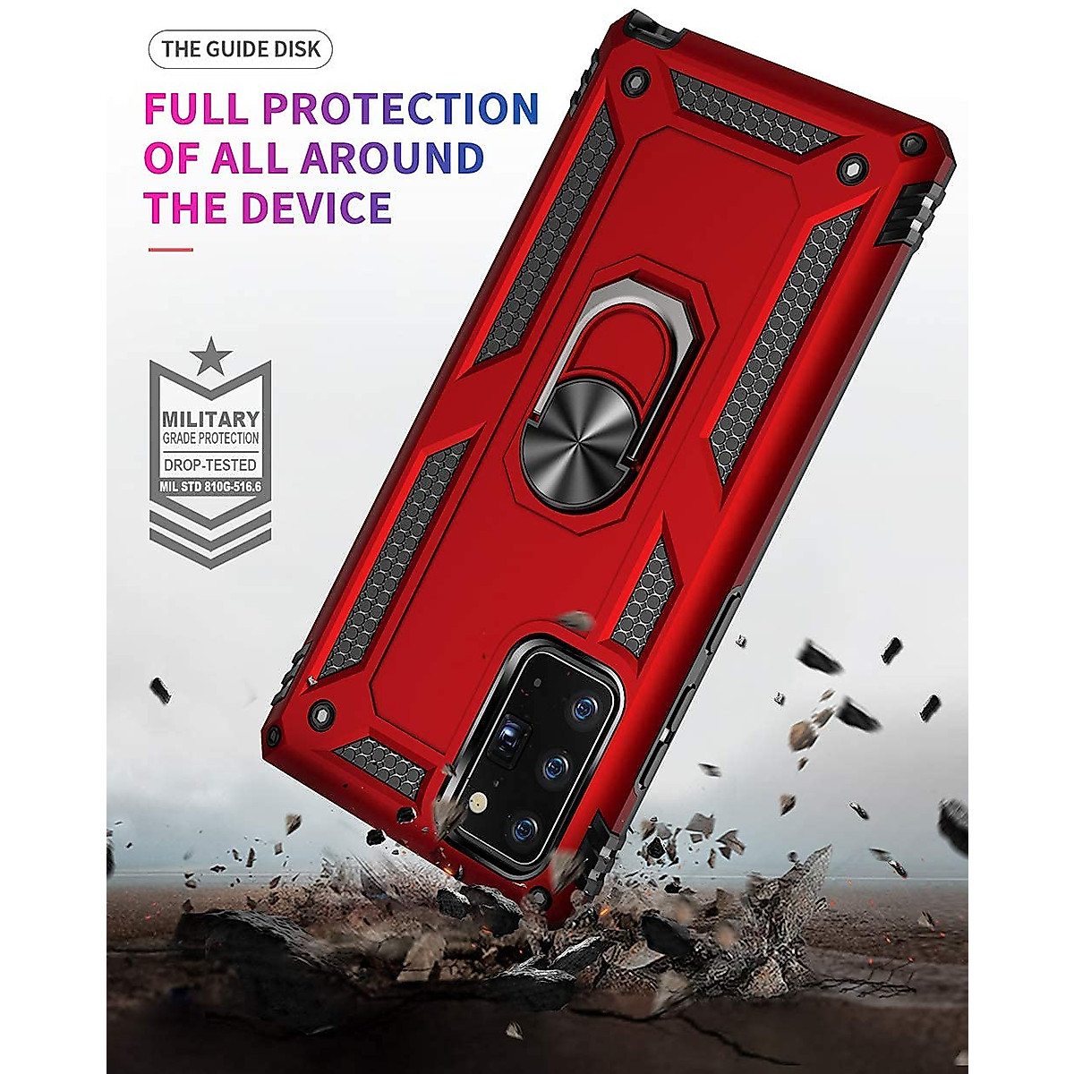 Military Grade Drop Impact for Samsung Galaxy Note 20 Case Note 20 5G Case 360 Metal Rotating Ring Kickstand Holder Armor Heavy Duty Shockproof Case for Galaxy Note 20 5G Phone Case (Red)
