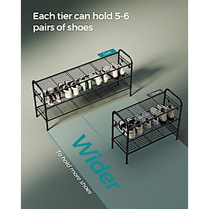 SONGMICS Shoe Rack, 3-Tier Shoe Organizer, Metal Shoe Shelf Storage with 4 Side Hooks, Holds 18 Pairs of Shoes, Height-Adjustable Shoe Rack for Entryway, Hallway, Closet, Easy Assembly, Ink Black