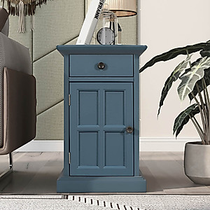 Multifunctional Classic Vintage End Table with USB Ports and 1 Drawer with cup holders, Sofa Side Table Bedside Nightstand Narrow Table for Living Room Bedroom (Antique Navy)