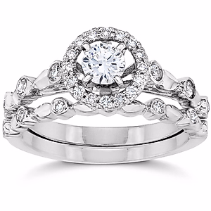 1/2CT Halo Diamond Engagement Wedding Ring Set 14K White Gold - Size 10
