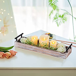 Hanobe Wood Serving Tray with Metal Handles - Rustic Whitewash Rectangula Decorative Trays Long Narrow Ottoman Trays for Decor Wooden Country Centerpiece for Wine Coffee Table Candle Holder