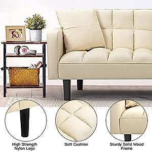 AVAWING Futon Sofa Bed, Modern Leather Convertible Sofa Bed, Upholstered Sofa Couch Bed with Adjustable Back, Arms and High Strength Nylon Legs for Living Room, Apartment, Office, Beige