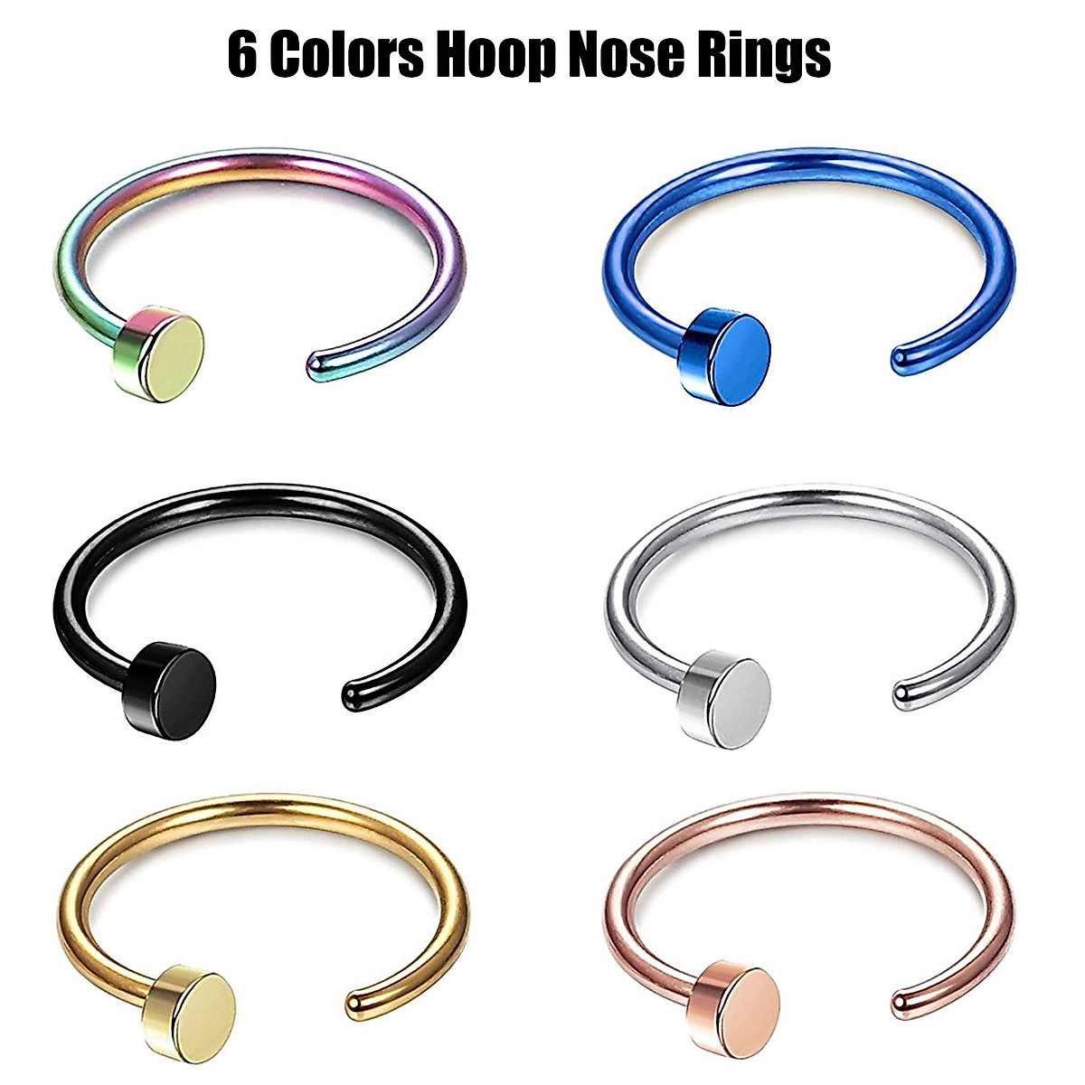 FIBO STEEL 18G-20G 18PCS Stainless Steel Body Jewelry Piercing Nose Ring Hoop for Women(6mix color 18pcs, 20G,6/8/10MM)