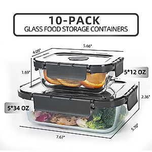 HAKEEMI 10 Pack Glass Food Storage Containers with Lids, Airtight Meal Prep Containers, Glass Lunch Containers Built in Air Vents, Dishwasher Safe, Grey