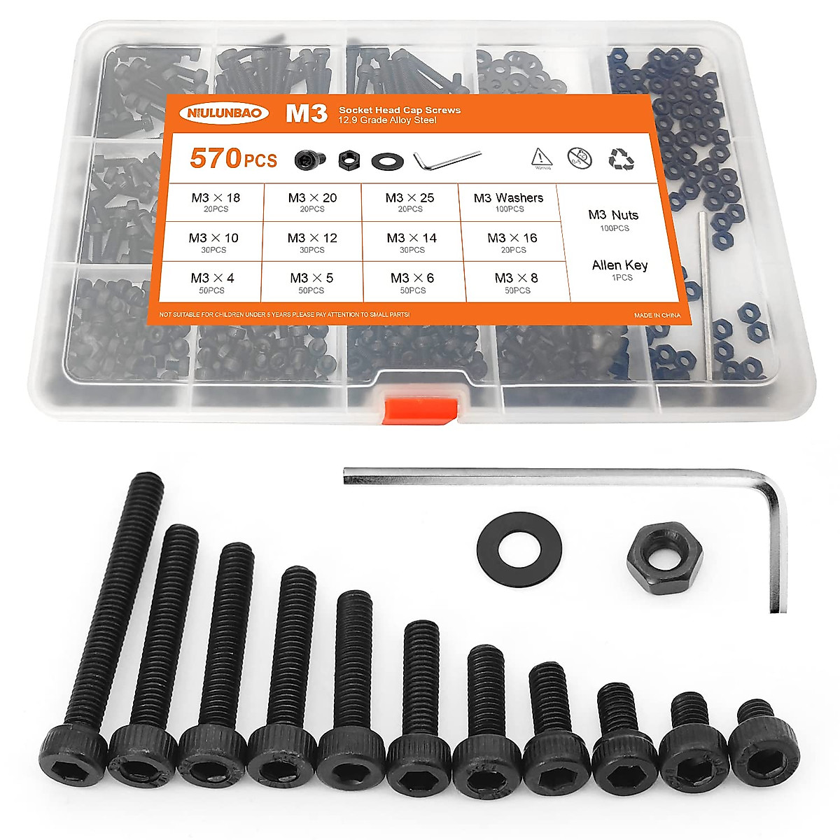 NIULUNBAO 570PCS M3 x 4/5/6/8/10/12/14/16/18/20/25mm Hex Socket Head Cap Screws Bolts and Nuts Flat Washers Assortment Kit, 12.9 Grade Alloy Steel, Black Oxide Finish, Metric Machine Allen Hex Drive