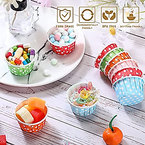 Nuogo 500 Pcs 1.5 oz Disposable Souffle Cups Mini Paper Taster Cups Small Condiment Cups Polka Dot Sample Cups for Ketchup Sacrament Snack Medicine Portion Containers, Orange, Blue, Green, Pink, Red