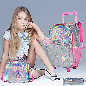 Egchescebo Kids Love Rolling Roller Backpack for Girls Girl Childrens Kid Suitcases Luggage Lunch Box with Wheels School Bags 16“ 3Pcs Kids Wheeled Backpack Pink Bright Trolley