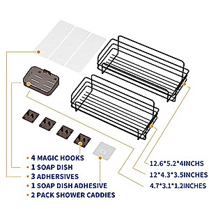 2-Pack Adhesive Shower Caddy With 4 Magic Hooks and 1 Pack Soap Dishes, No Drilling Rustproof Stainless Steel Eaeregs Shower Organizer for Inside Shower & Kitchen Storage(Matte Black Round wire style)