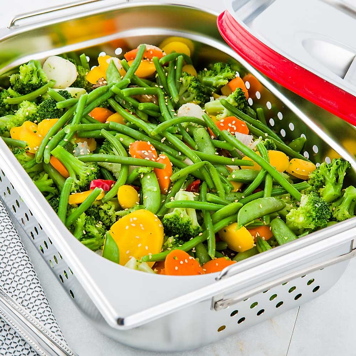 Restaurantware Perforated Steam Table Pan - Half Size - 4" Deep - Collapsible Handles - Anti Jam - Commercial Grade Stainless Steel - 1ct Box - Met Lux