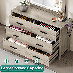 YITAHOME Makeup Vanity with Lighted Mirror, 6-Drawer Vanity Desk with Charge Station, Dressing Table with 3-Mode Light Strip for Bedroom, Maple Gray