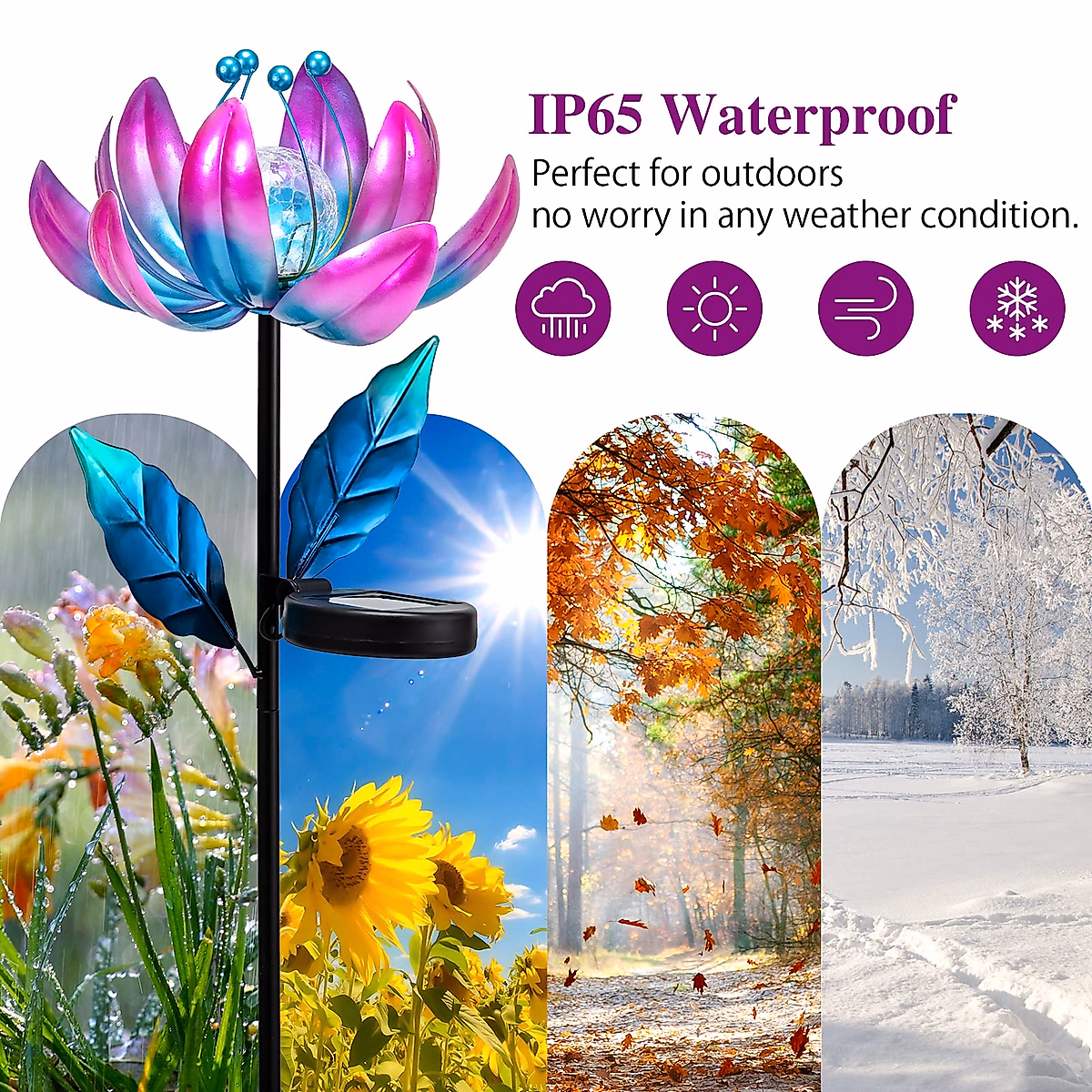 AIINY Solar Purple Metal Flower Wind Spinners, Colorful Spinning Windmill Lotus Yard Art Lights Wind Pinwheels with LED Crystal Ball Decorative Stake Lighting Flower Sculpture