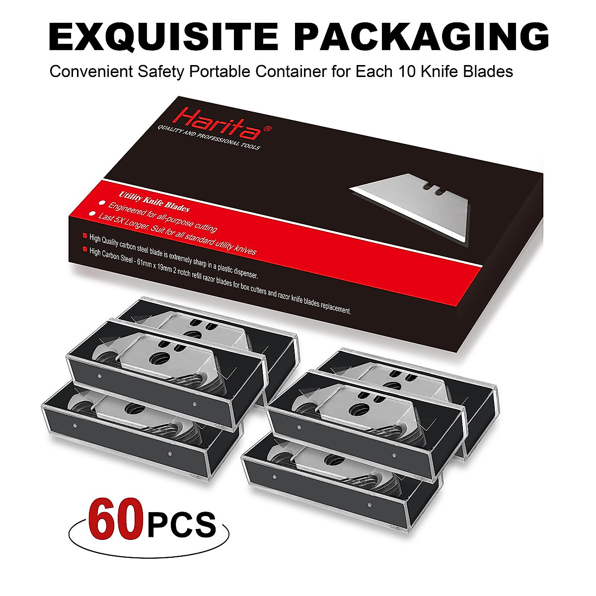 Harita Box cutter Utility knife Hook Blades refills 60 Pack, Standard Size Utility Knife Refill Blades, Heavy Duty SK5 Hooked Razor Replacement Hook Blades