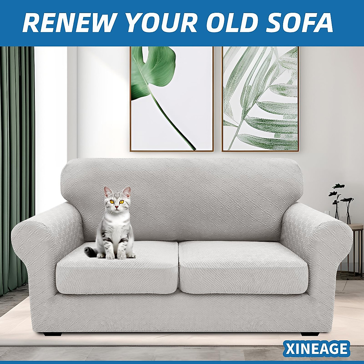 XINEAGE 2025 New 3 Pieces Couch Covers for 2 Cushion Sofa Super Stretch Loveseat Slipcover Pet Dog Universal Slip Cover Anti Slip Love Seat Furniture Protector (Silver Grey, 55"-69")