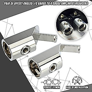 BILLFARO 2Pcs 1/0 Gauge to 4 Gauge Input Wire Gauge Reducer,Offset Angled Amp Input Reducers Cable PIN Power Ground Reducers Connection Brass with Nickel Plated