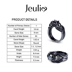 Jeulia 3.6 Carat Black Tone Skull Rings for Women Men Sterling Silver Round Cut Engagement Rings Bridal Sets Wedding Rings Cubic Zirconia Promise Engagement Anniversary with Jewelry Box (9.5)