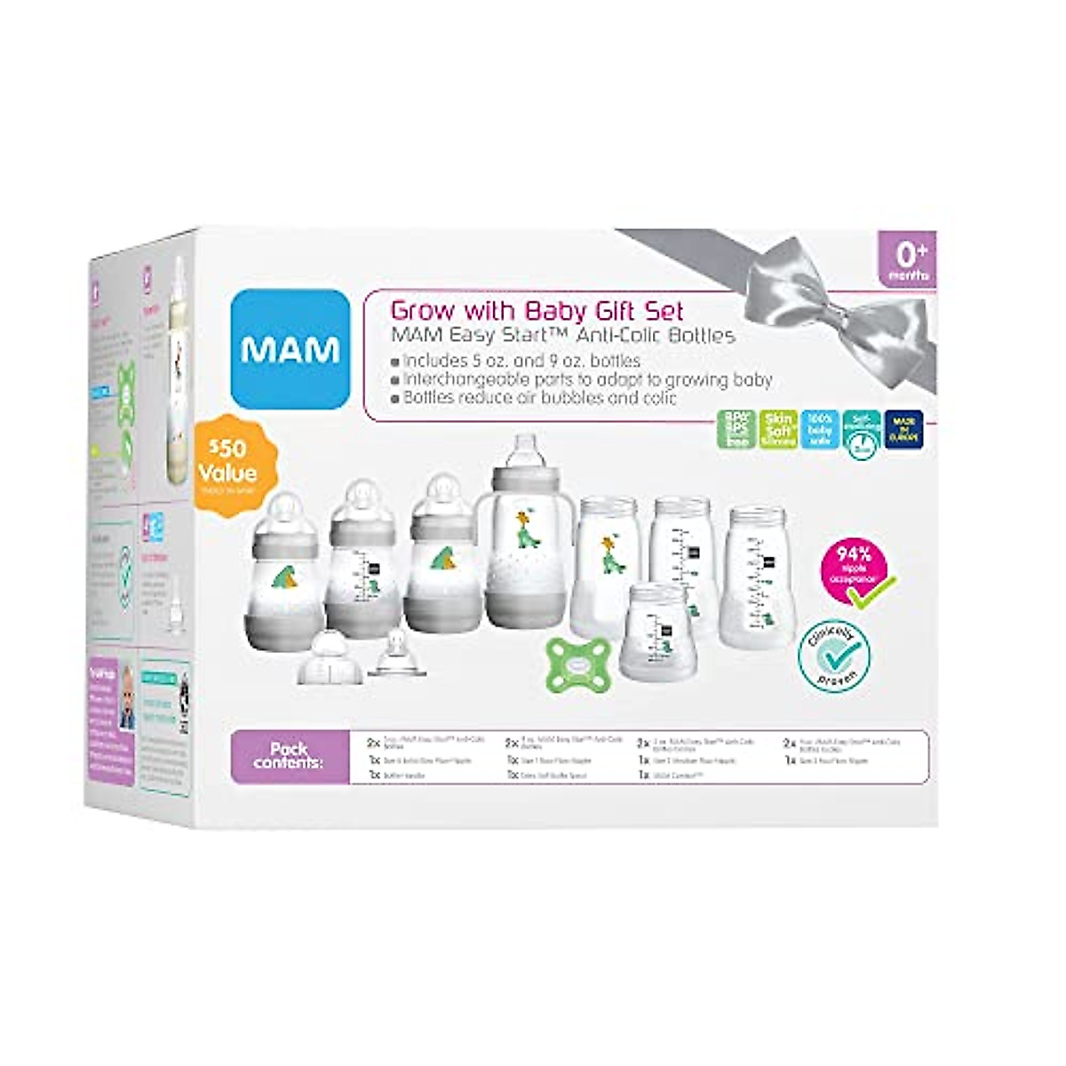 MAM Grow with Baby 15-Piece Gift Set, Newborn 0-4 Months, Anti-Colic Bottles and Silicone Nipples SkinSoft, Essential Baby Items, Unisex