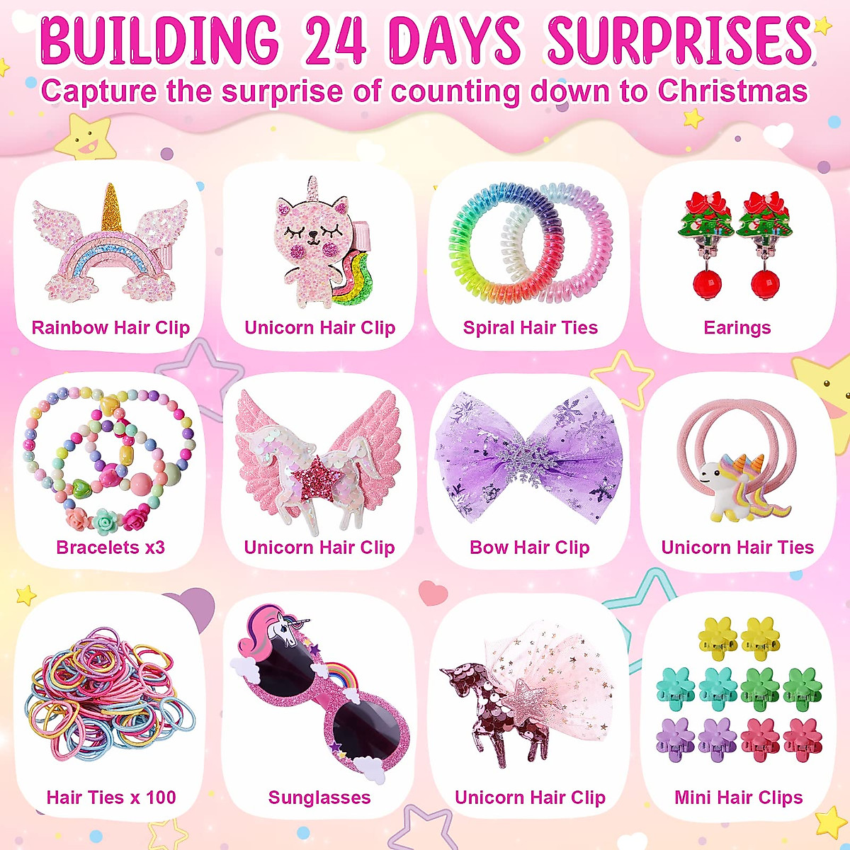 Asoulin Girls Advent Calendar 2023 -Unicorn Gift for Girl 24 Days Surprise Gift Box Funny Christmas Countdown Calendar for Teen Girl Kid Xmas Gift Basket with Hair Accessories Jewelry Sunglasses Purse