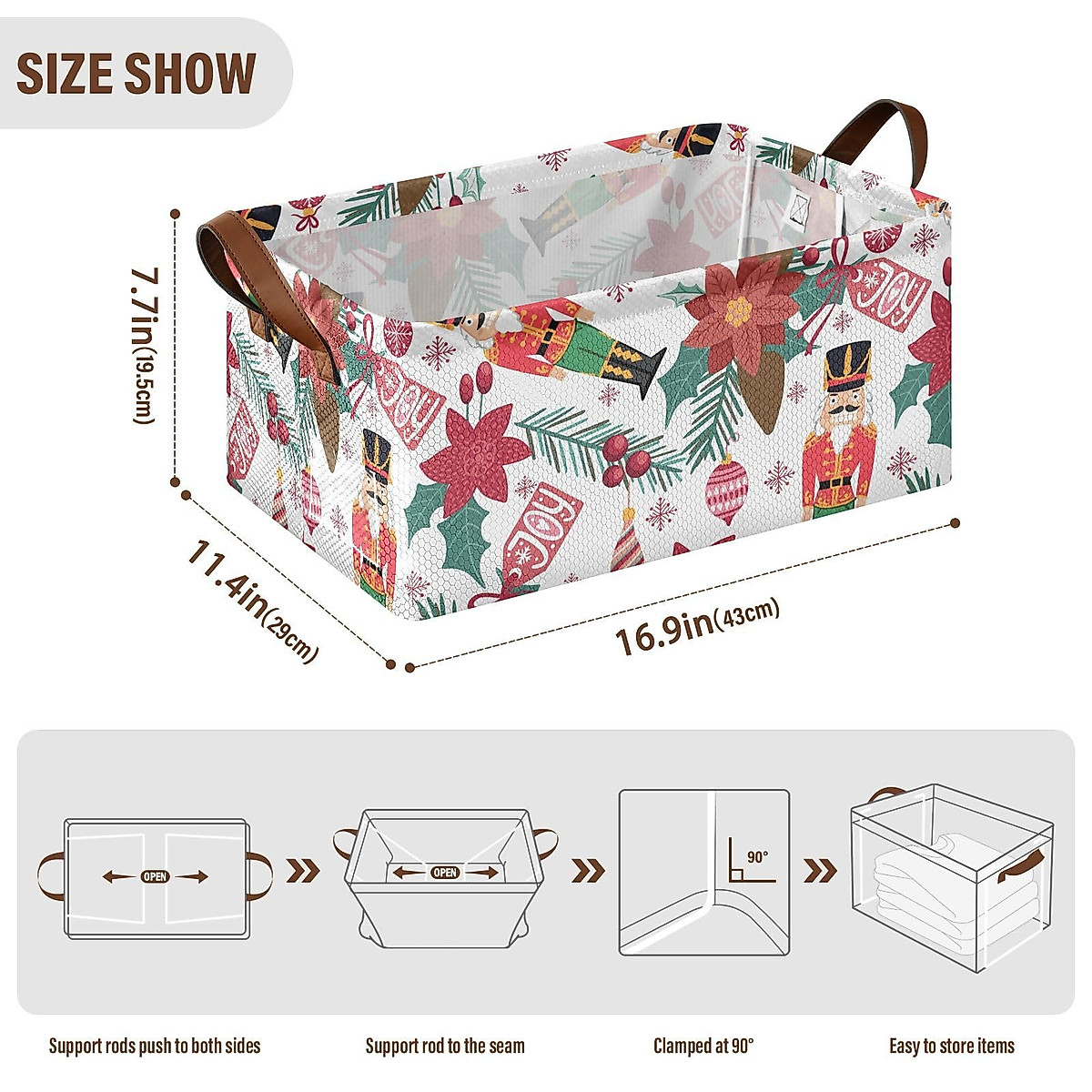 Exnundod Collapsible Storage Bin Christmas Nutcrackers Organizer Storage Shelf Basket Hand Drawn Storage Boxes with Handles for Closet Blanket Toys Home Dorm Office