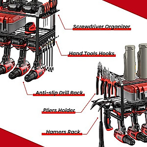 VZZNN Power Tool Organizer, Drill Holder Wall Mount with 5 Slots, Metal Drill Rack for Garage Organization, Cordless Drill Storage for Father's Day Gift