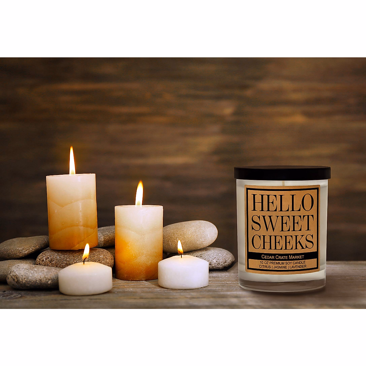 CEDAR CRATE MARKET Hello Sweet Cheeks, Kraft Label Scented Soy Candle, Citrus, Jasmine, Lavender, 10 Oz. Glass Jar Candle, Made in The USA, Decorative Candles, Funny and Sassy Gifts