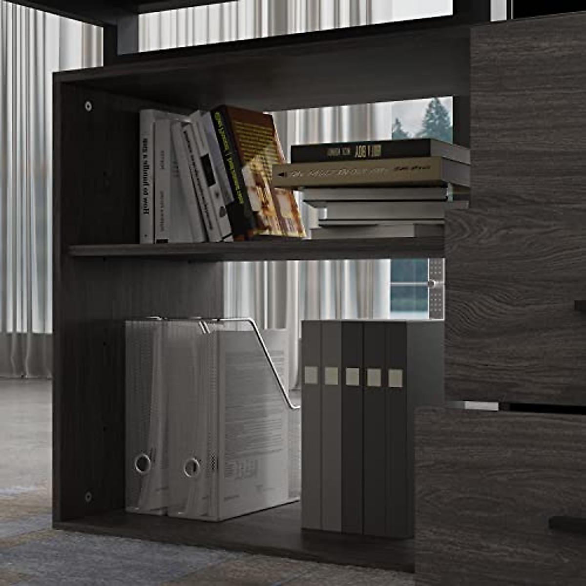 Homsee Home Office Computer Desk Corner Desk with 3 Drawers and 2 Shelves, 55 Inch Large L-Shaped Study Writing Table with Storage Cabinet - Dark Gray & Black