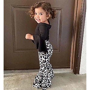 Little Toddler Baby Girl Bell-Bottom Pants Leggings Outfit Flared-Sleeve Top + Leopard Print Flared Trousers Suit