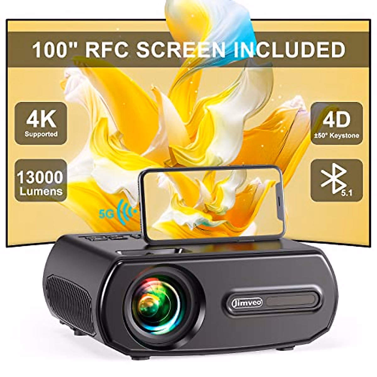 Jimveo Projector 5G WiFi Bluetooth,13000L 420 ANSI Native 1080P Outdoor Projector 4K &4D Keystone&50% Zoom Support,Sealed Mini Portable Movie LED/Home Projectors for Phone/TV Stick/PC[Screen Included]