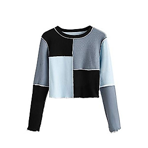 SheIn Women's Patchwork Color Block Crop Top Tees Long Sleeve Round Neck Ribbed Knit T Shirt Blue and Black Small