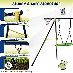 Costzon 660 lbs Swing Sets for Backyard, 7-in-1 Heavy Duty Extra Large Metal Swing Frame w/2 Swings, Glider, Gym Rings, Slide, Monkey Bar, Basketball Hoop, Play Equipment for Indoor Outdoor Gift Kids