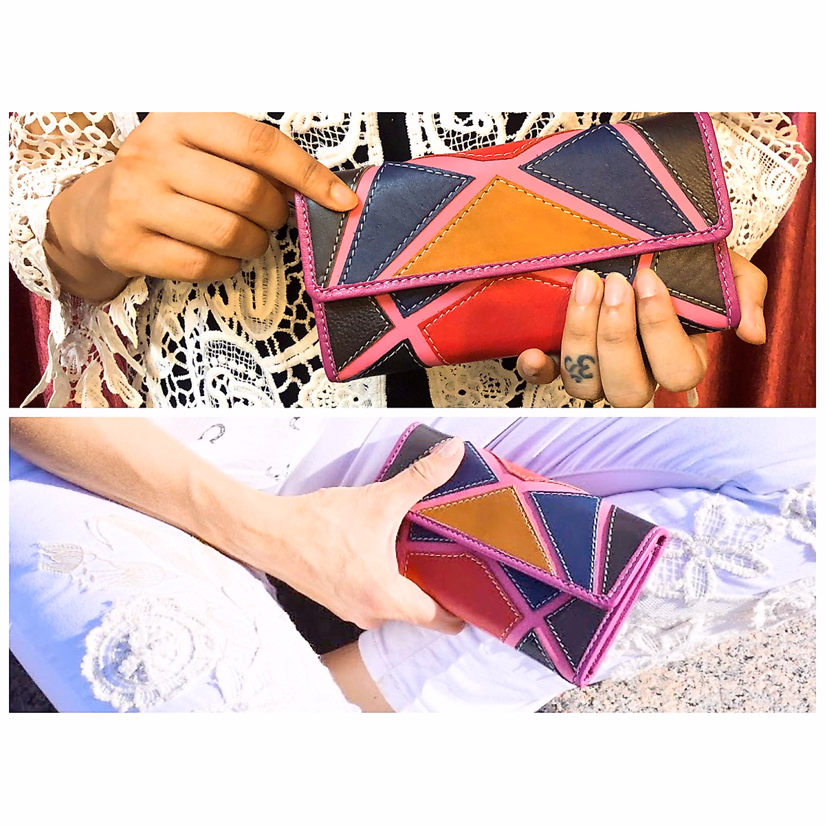 Leather Book® RFID LW-1807 Love Angles Ladies Clutch | 7” wide and Slim Ladies Wallet | 6 Card Slots | 3 card window | Three slides pockets | Malty Color Real Leather