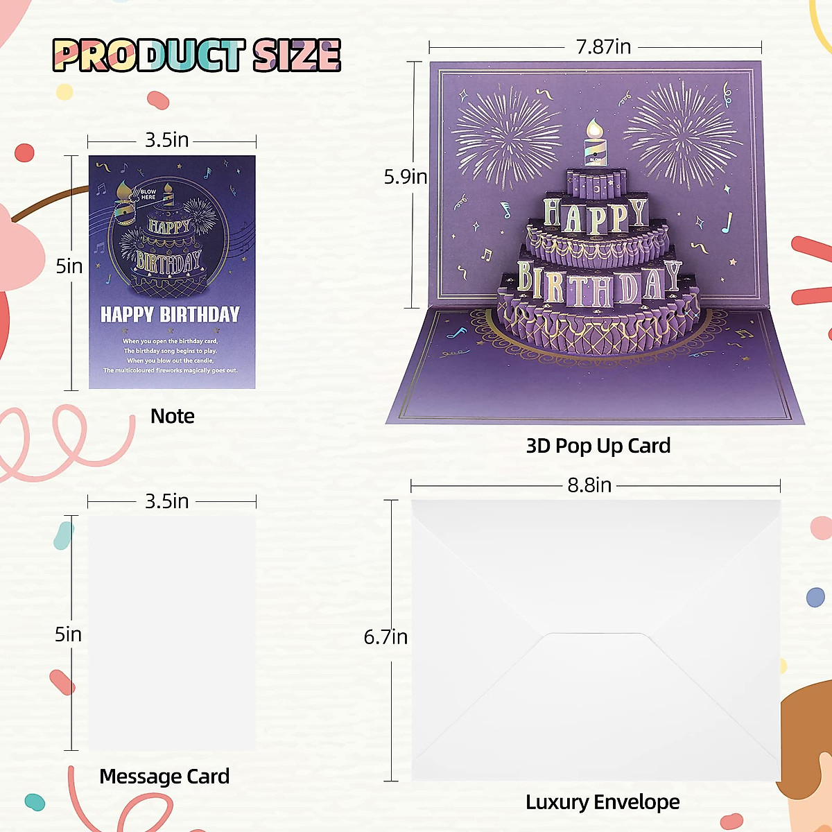 XTF2015 Happy Birthday Card, Lights & Music & Sound Fireworks Cake 3D Pop Up Birthday Card Gift with Envelope and Note Tag for Women, Men, Kids, Wife, Mom, Husband