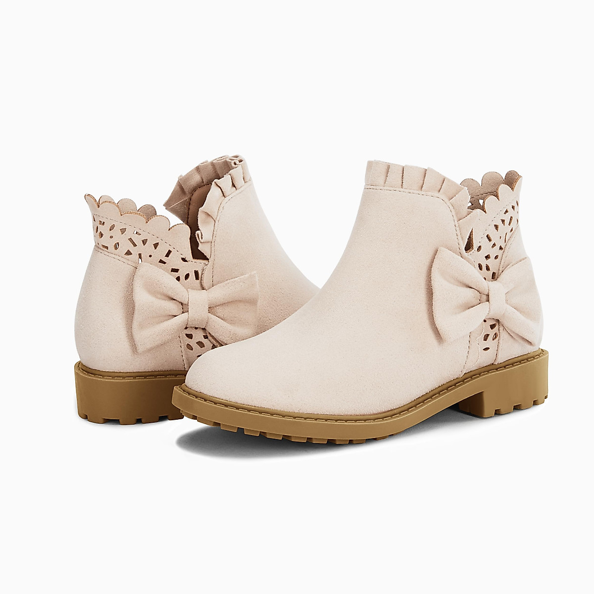 Coutgo Girls Bow Ankle Boots Ruffled Chunky Heel with Classic Side Zipper Dress Booties for Little Kids/Big Kids, Biege, Size 3