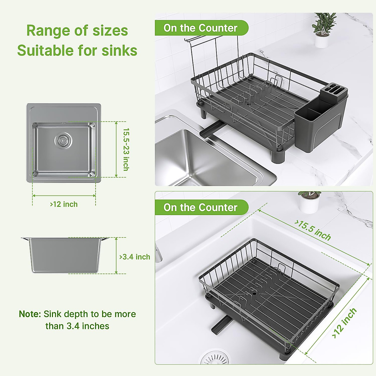 Dish Drying Rack - Stainless Steel Dish Rack for Kitchen Counter, Dish Drainer with Utensil Holder, Space-Saving, Rust-Resistant Dish Rack for Dishes, Glasses, and Cutting Board, 12''W x 15''L, Black