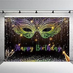 MEHOFOND 7x5ft Mardi Gras Theme Backdrop Masquerade Happy Birthday Party Background Purple Green Gold Mask Dancing Prom Party Photo Booth for Wedding Bachelorette Party Decorations Banner