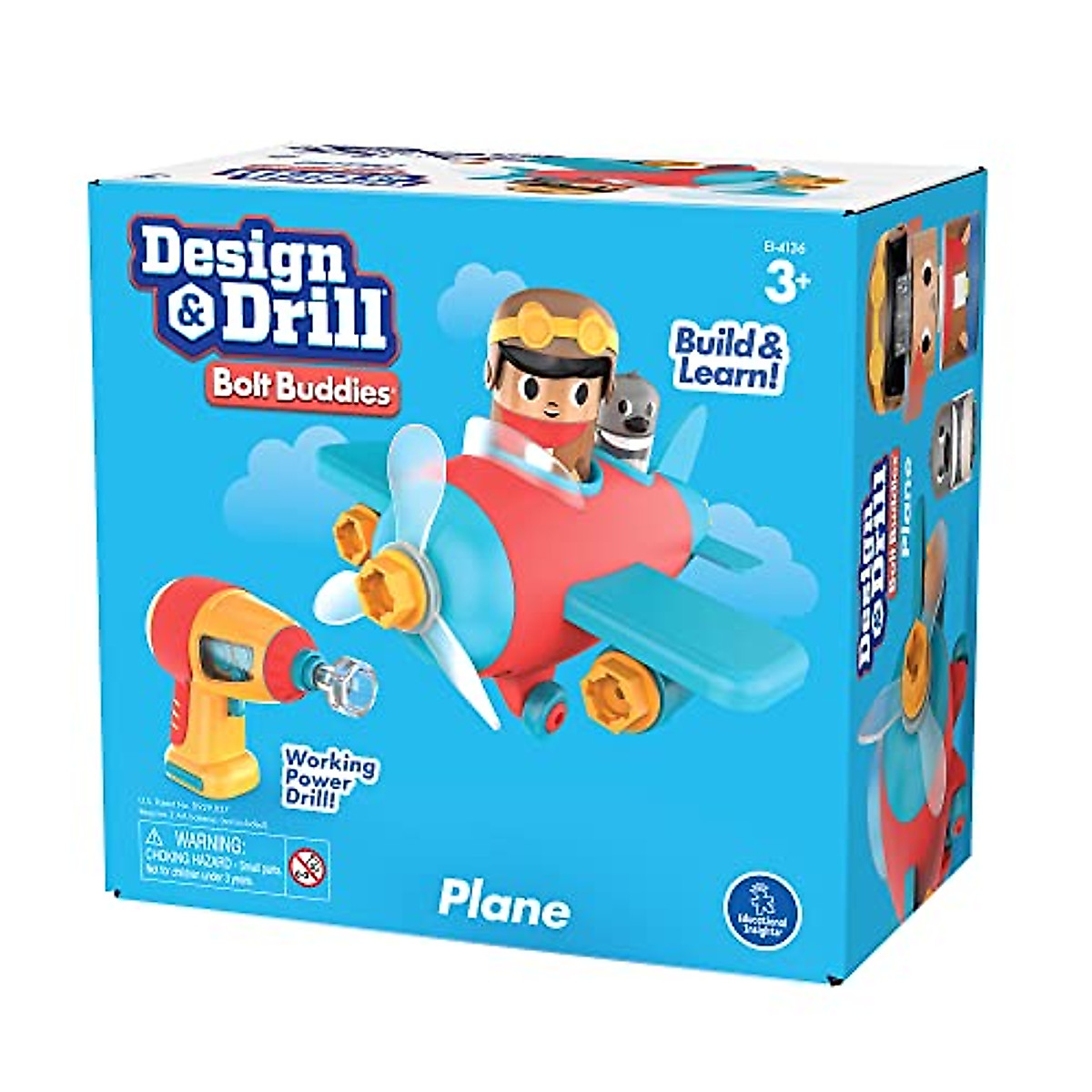 Educational Insights Design & Drill Bolt Buddies Plane Take Apart Toy with Electric Toy Drill, Preschool STEM Toy, Gifts for Boys & Girls, Ages 3+