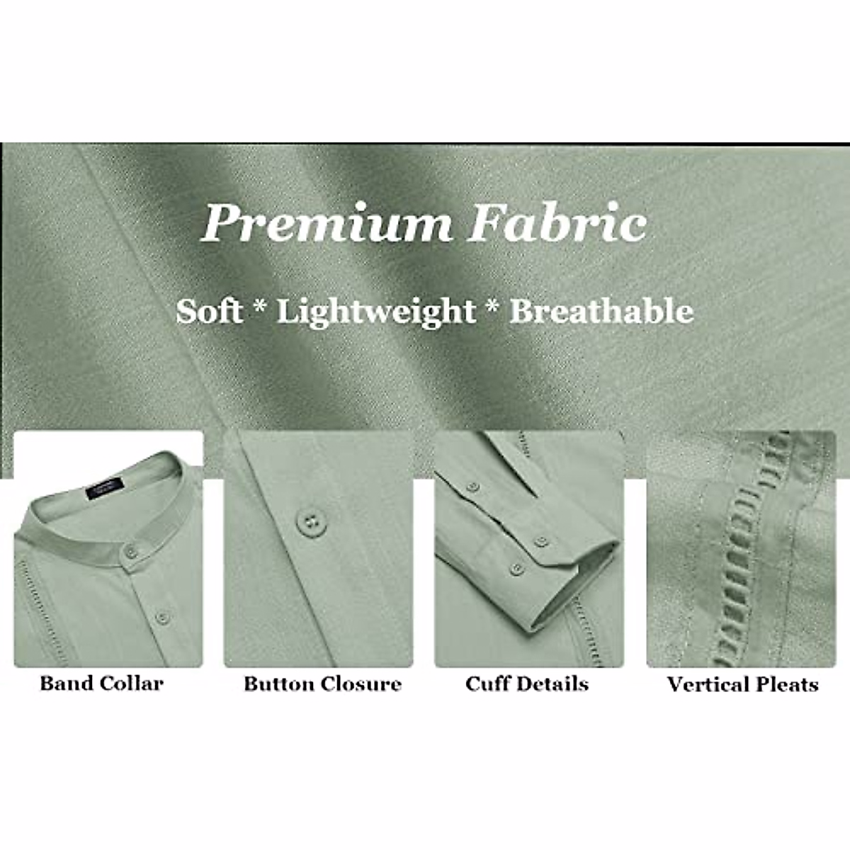 COOFANDY Men's Mandarin Collar Shirts Linen Casual Long Sleeve Button Down Shirt Summer Beach Wedding Shirt Mint Green