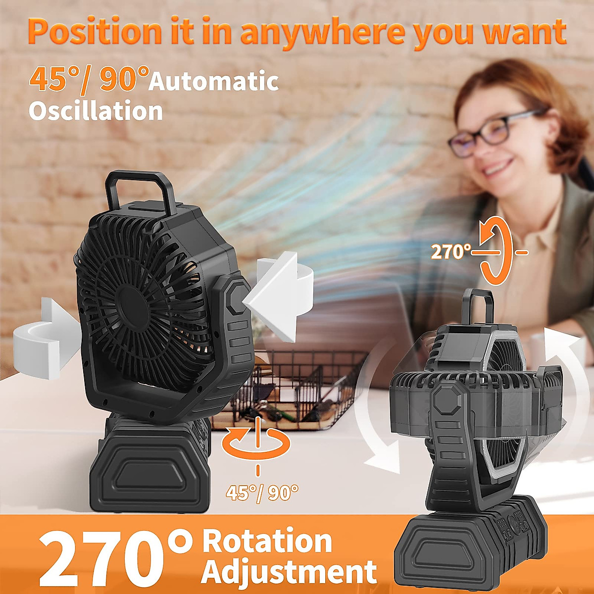 Portable Camping Fan Rechargeable with LED Lantern, 20000mAh Battery Powered Travel Fan with 1-8 Hour Timing Function, 270° Head Rotation, 4 Speeds Settings for Tents, Office, Desk, Camp and Fishing